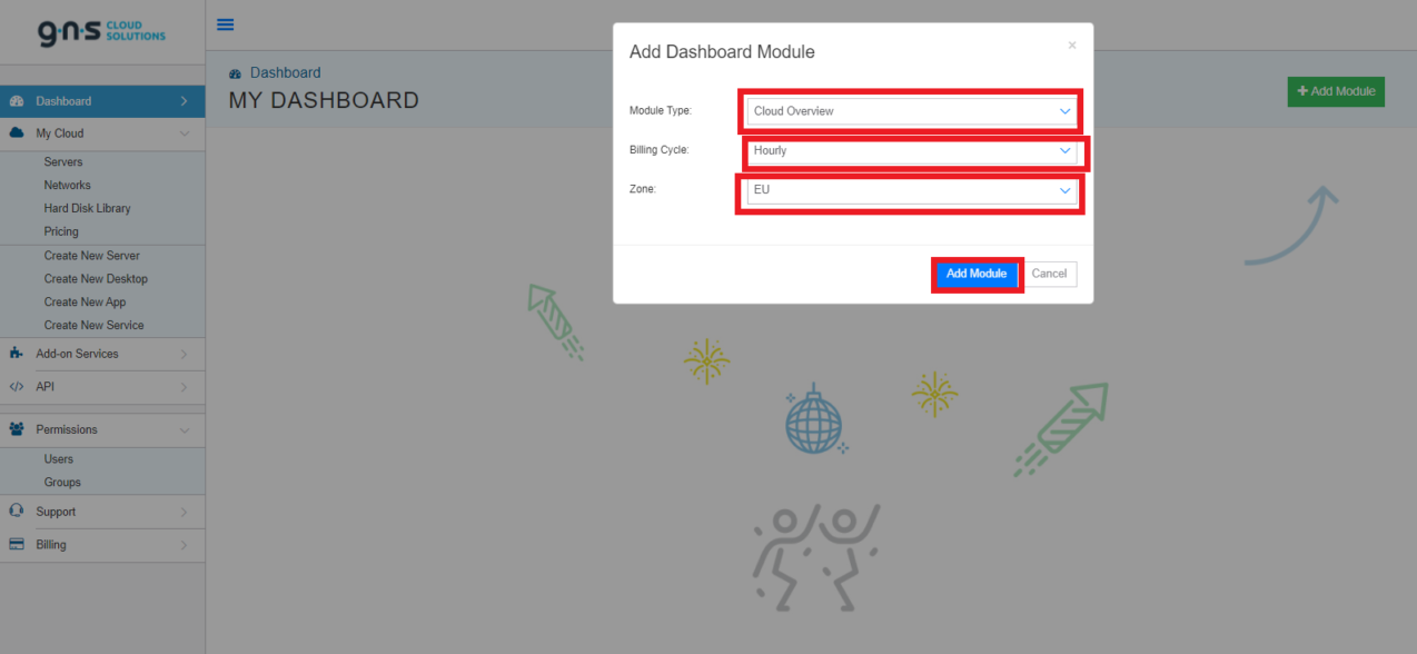 Create Module in Dashboard - My Cloud - GNS
