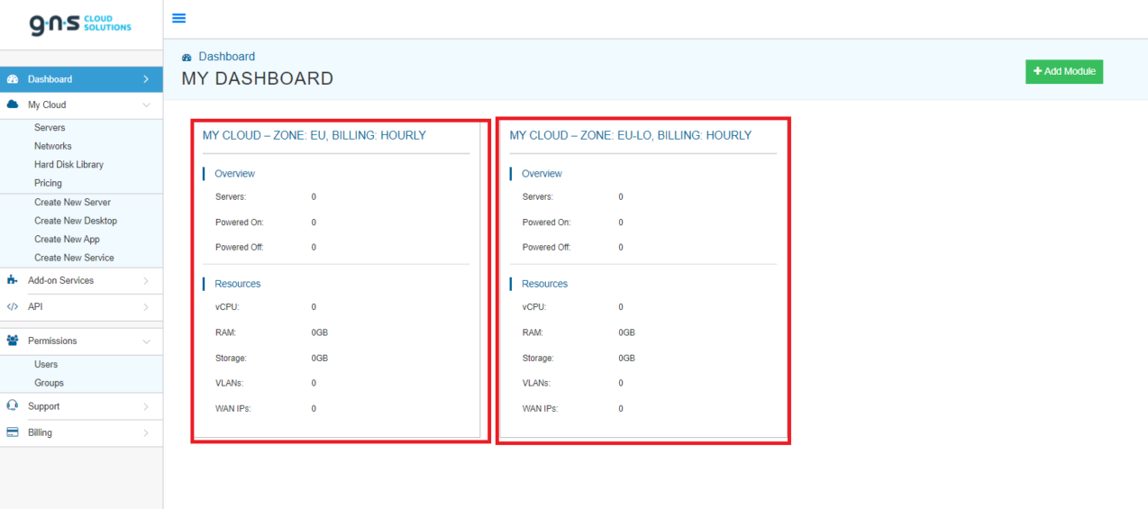 Create Module in Dashboard - My Cloud - GNS