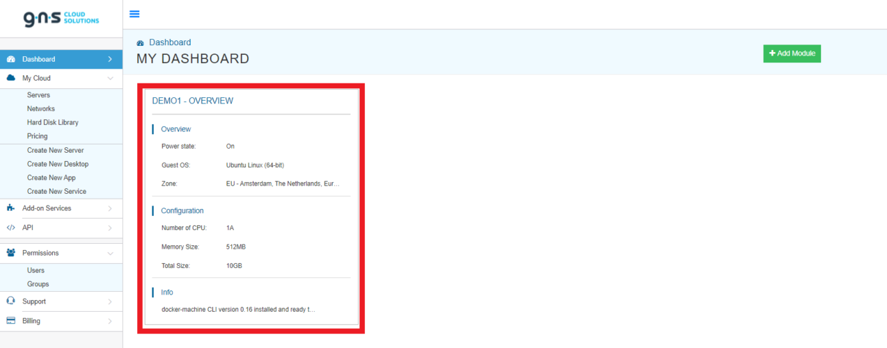 Create Module in Dashboard - Server Overview - GNS
